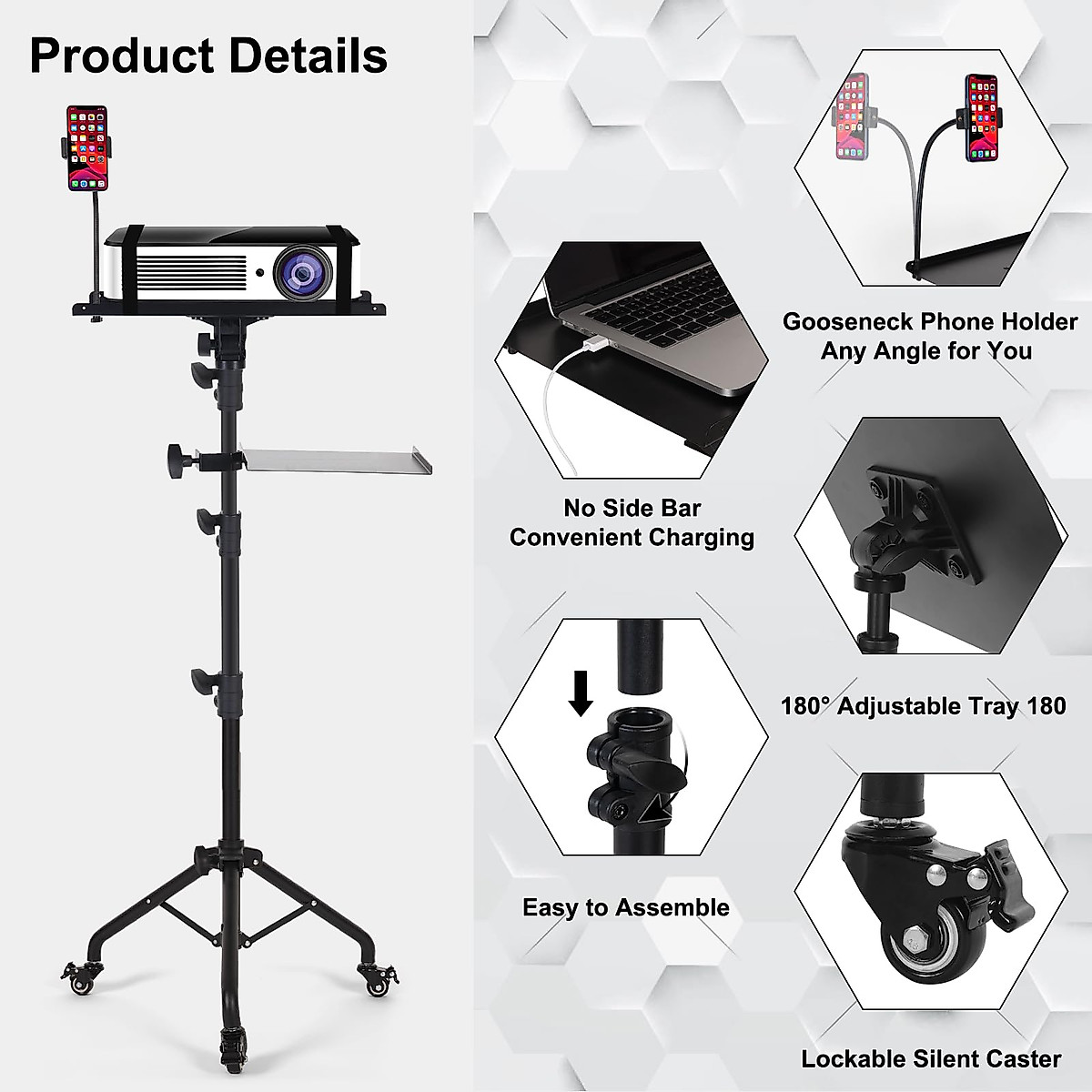 Tossbiss Laptop Tripod on Wheels with 2 Shelves, Portable Projector Floor Stand Adjustable Height 25.9 to 51.8 Inch with Phone Holder