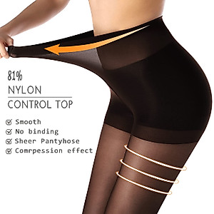 HA WA Black Tights for Women, 3 Pairs Sheer Tights with Control Top Pantyhose(black,L)