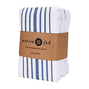 Native Fab 12 Pack Scandia Stripe Kitchen Dish Towels Cotton Absorbent Durable Washable 14x25 - Tea Towels, Dish Cloths, Restaurant Cleaning Towels, Kitchen Towels with Hanging Loop, Blue White