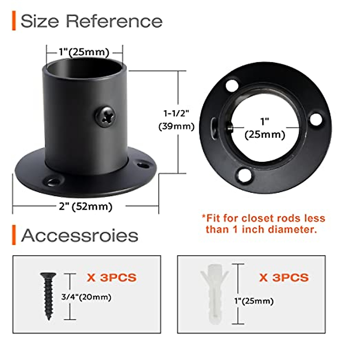 KOVOSCH 4 Pack Stainless Steel Closet Rod Brackets, 1 Inch Heavy Duty Closet Rod Holders, High Flange Closet Pole Sockets Flange Rod End Support with Adjustable Screws, Black