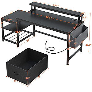 EnHomee 56.5" Computer Desk with Power Outlets,Home Office Desk with Fabric File Cabinet,Study Writing Gaming Desk with Monitor Shelf,Work Table with Printer Space,Black