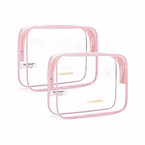 BAGSMART Clear Toiletry Bag, 2 Packs TSA Approved Water resistant Quart Size Travel Organizer, Airport Airline Travel Essential Carry On Makeup Cosmetic Bags for Women, Pink