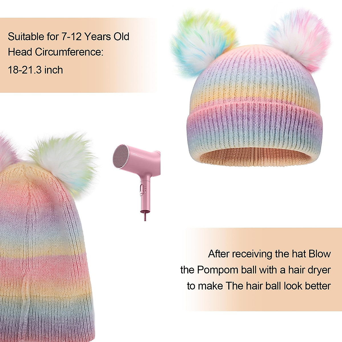ACTLATI Kids Winter Knitted Beanie Hat Colorful Pompom Ears Ski Hat for Boy Girl(Ages 7-12)