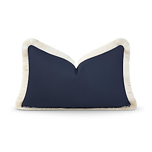 Hofdeco Premium Coastal Hampton Style Patio Outdoor Performance Lumbar Pillow Cover Only, 12"x20" Water Repellent for Backyard, Couch, Dark Navy Blue Solid with Fringe