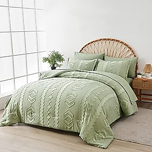 WURUIBO King Size Comforter Set,7 Piece Bed in a Bag Green Tufted Comforter and Sheet Set,Soft Microfiber Boho Bedding Comforter Set for All Season(Green,King)