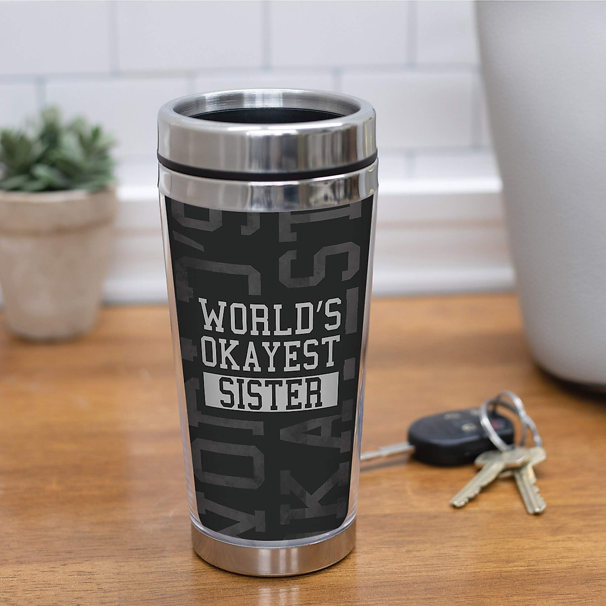 Elanze Designs World's Okayest Sister Stainless Steel 16 oz Travel Mug with Lid
