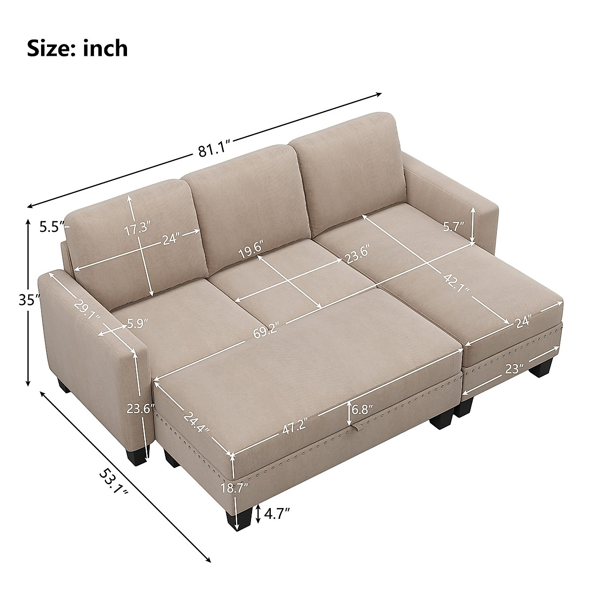 Lepfun 81" Reversible Couch with Storage Ottoman L-Shaped, Sectional Chaise,Nailheaded Textured Fabric 3 Pieces Sofa Set, Ideal for Living Room or Bedroom, Warm Grey