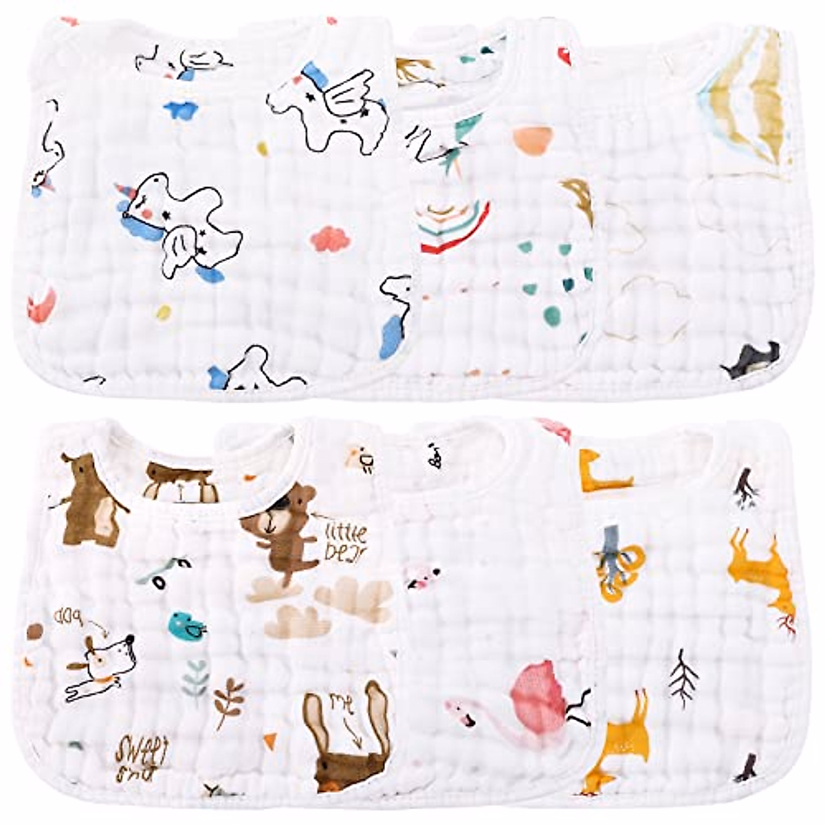 HOPMORED 6Pcs Snap Muslin Bibs,Muslin Cotton Bibs for Baby,Adjustable Snap Bibs,8 Absorbent Layers Soft Baby Bibs for Infants Newborns Babys Toddlers (Animal-pattern)