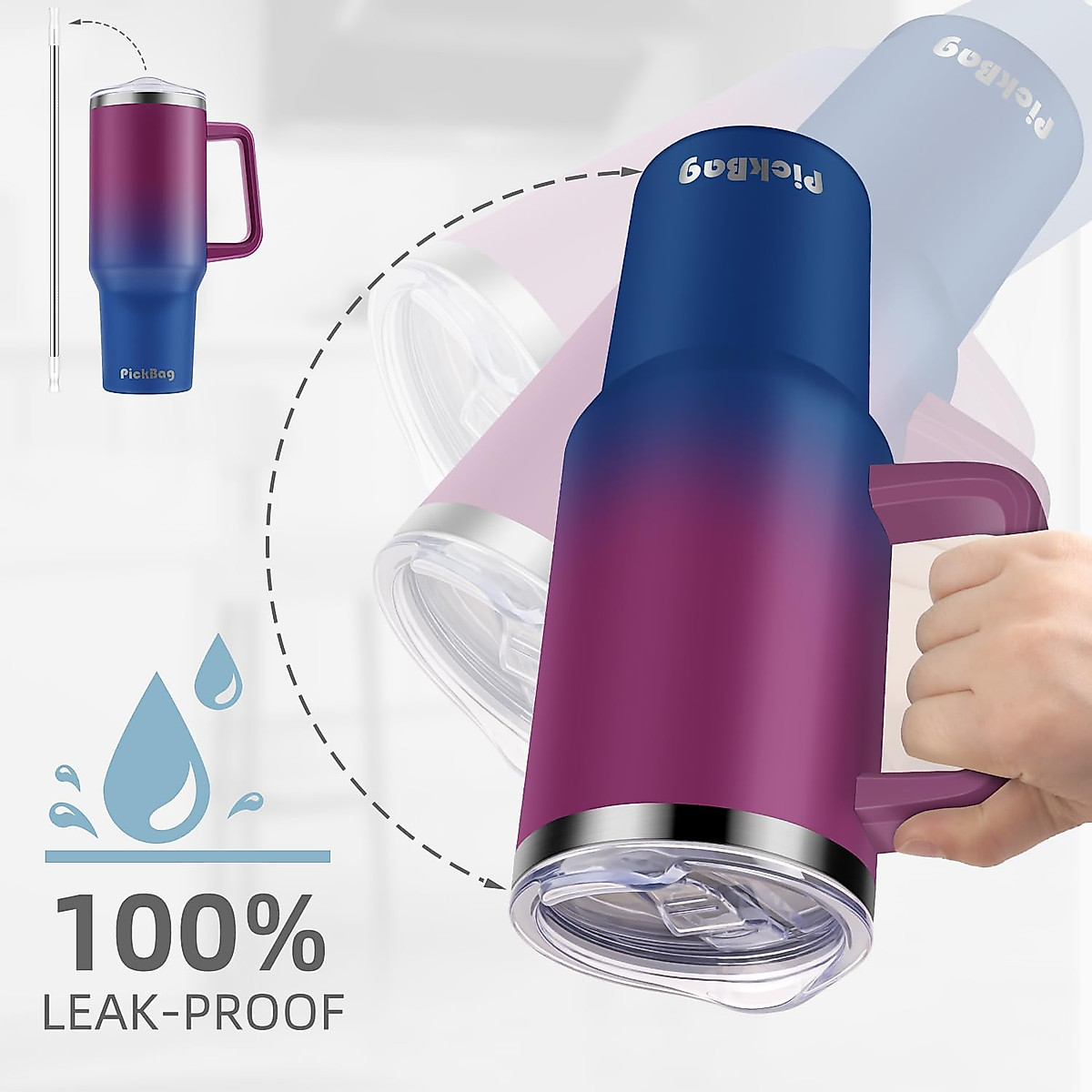 40 oz Tumbler with Handle and Straw, 100% Leak Proof Tumblers Cup, Stainless Steel Insulated Travel Coffee Mug, Keeps Drinks Cold for 24 Hours or Hot for 10 Hours, Fits for Car Cup Holder, PurpleBlue