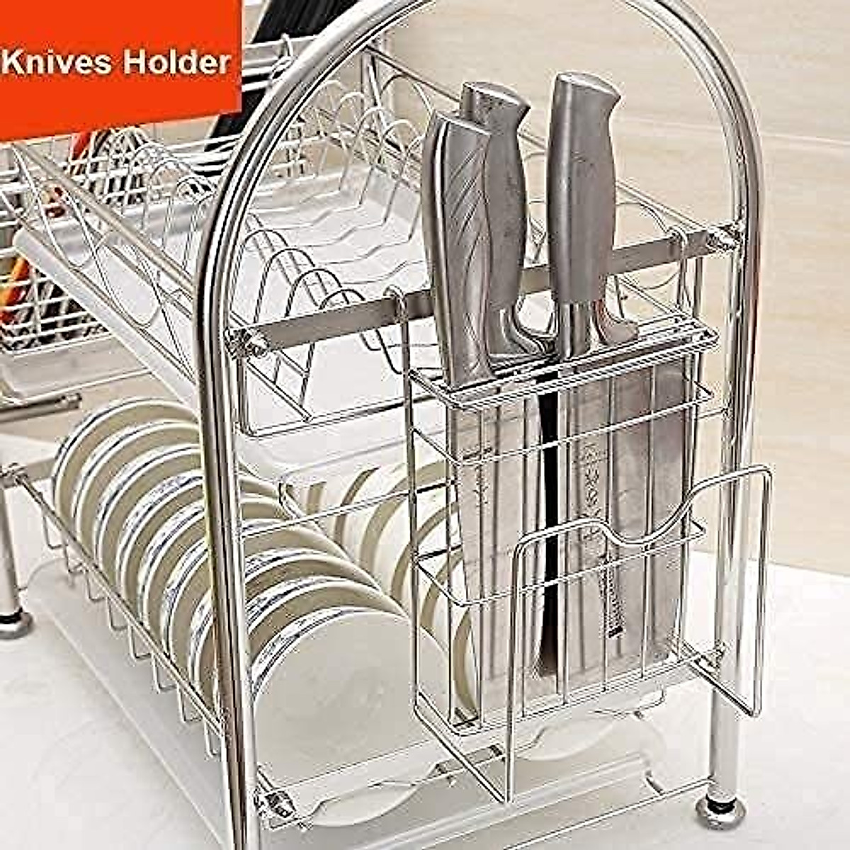 Plate Rack Dish Drainer Rack Drainer Holder Organization Shelf Kitchen Stainless Steel Utensil Chopping Board Holder with Drain Pan Plate Holder (Color : Silver, Size : 3-Tier)
