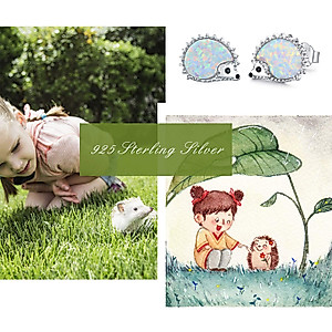 Opal Hedgehog Earrings 925 Sterling Sliver Hedgehog Earrings Tiny Cute Animal Stud Hedgehog Gift for Women with Gift Box (White)
