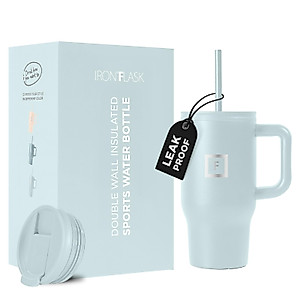 IRON °FLASK Co-Pilot Insulated Mug w/Straw & Flip Cap Lids - Cup Holder Bottle for Hot, Cold Drink - Leak-Proof - Water, Coffee Portable Travel Mug - Morning Mist, 16 Oz