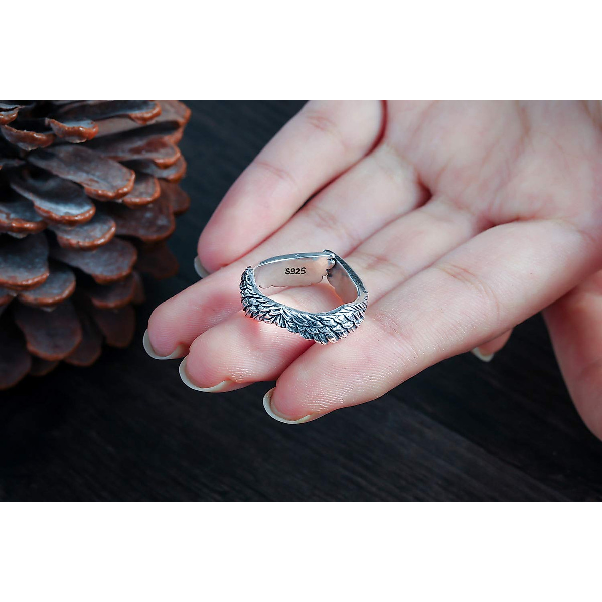 LOVECOM Antique 925 Sterling Silver Couple Ring for Women Men Lover Feather Angel Wing Mens Rings Silver Wedding Band Vingage Open Promise Rings for Couples Adjust Size 6-13