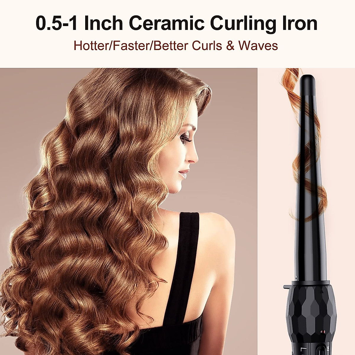 LURA Ceramic Tourmaline Coating Curling Wand, 1/2-1 Inch Barrel Hair Curler with 2 Heat Setting (320/410℉), Suitable for All Hair Types