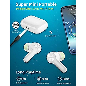 【Pearl white】Wireless Bluetooth Earbuds with 6 Pair Ear Tips, IPX8 Waterproof Touch Earphones Built in Mic, 3D Stereo Sound with Noise Canceling, Fast Type-C Charging Earbuds for iPhone Android