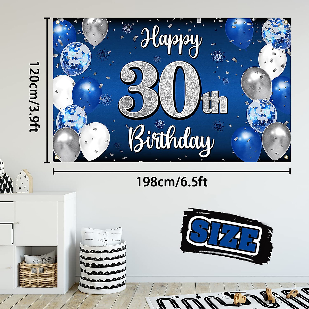 Nelbiirth Happy 30th Birthday Decorations,30th Blue & Silver Balloon Large Birthday Banner Backdrop Sign,Cheers to Thirty Years Old Bday Party Supplies.