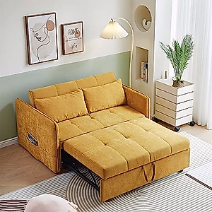 Antetek 3 in 1 Convertible Sleeper Sofa Bed, Modern Chenille Loveseat Futon Sofa Couch w/Pullout Bed, Reclining Backrest, Adjustable Arm, Pillows, Small Love Seat Lounge Sofa for Living Room, Yellow