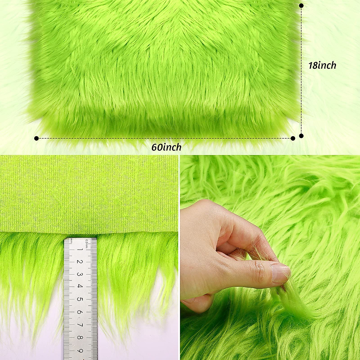 Faux Fur Fabric Christmas Fluffy Fuzzy Craft Shaggy Synthetic Plush Patch Sewing Fur Cuts for DIY Halloween Winter Costume Gnome Beard Miniature Dolls Costume Rugs Mats (Green, 60 x 18 Inch)