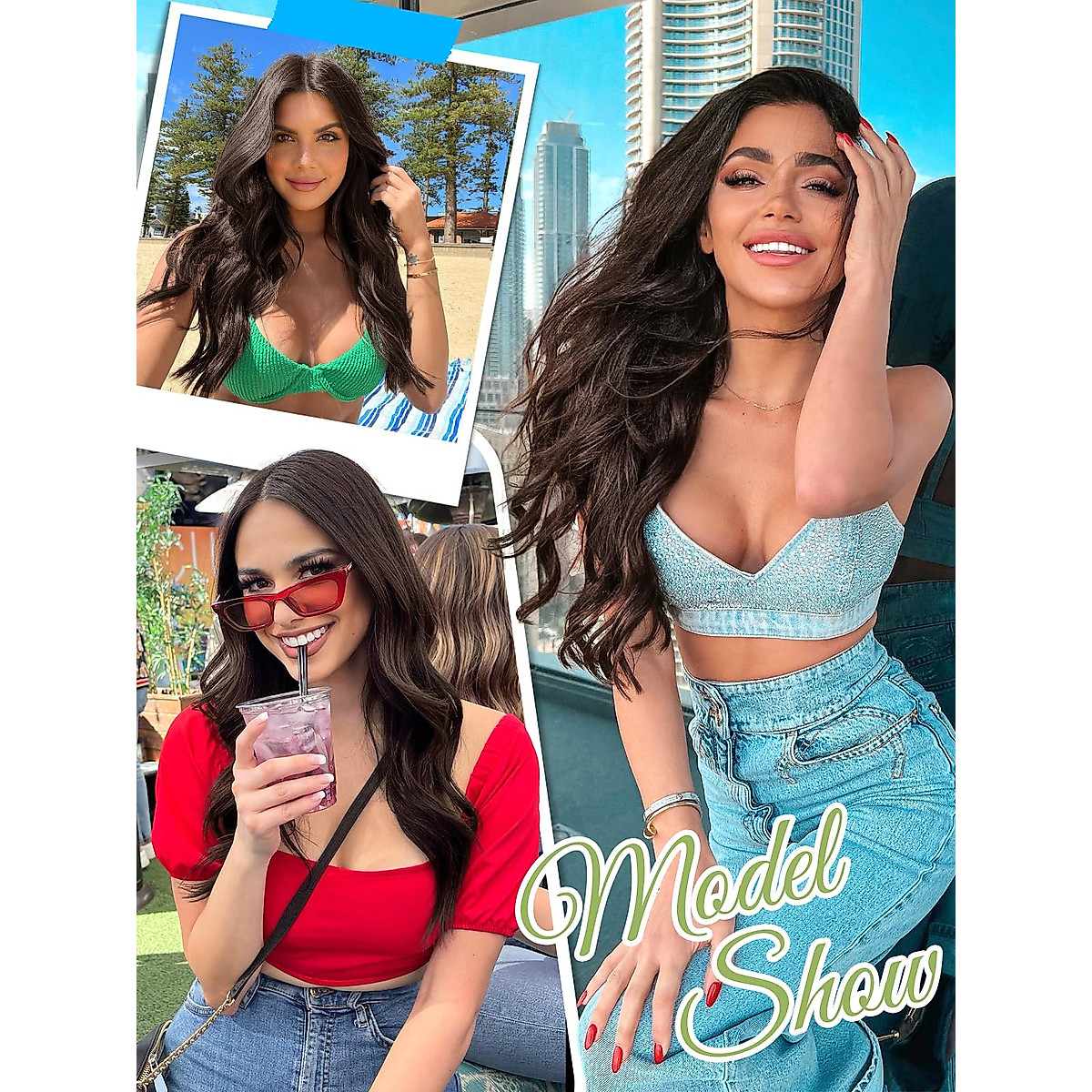 KooKaStyle Invisible Wire Hair Extensions with Transparent Wire Adjustable Size 4 Secure Clips Long Wavy Secret Hairpiece 20 Inch Dark Brown for Women