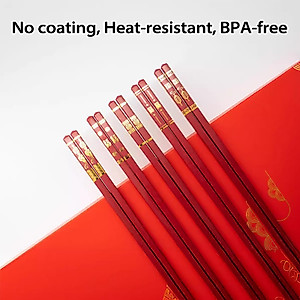 5 Pairs Chopsticks Reusable, 24cm/9.45inch Premium Japanese Chinese Non-slip Fiberglass Chopsticks Dishwasher Safe, Lightweight Chopsticks for Party Family Hotel, Red