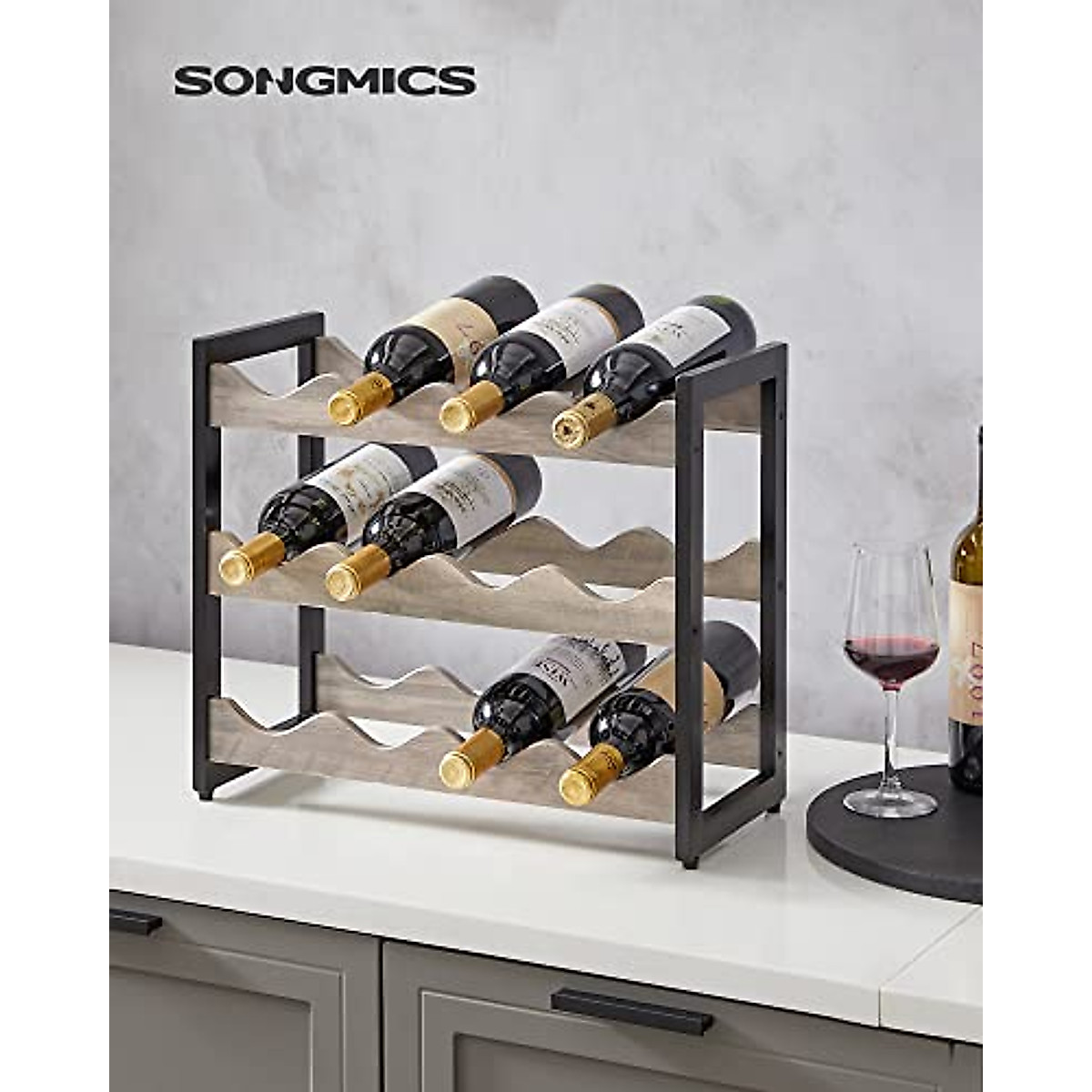 SONGMICS Wine Rack, 3 Tier Tabletop Wine Water Bottle Organizer Storage, Large Capacity Holds 12 Bottles, Bamboo Countertop Wine Holder Shelf for Kitchen Bar Cabinets Pantry, Greige and Black