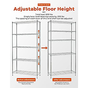 HCY Garage Shelving, 72*36*14inch Metal Shelves 5 Tier Wire Shelving Unit Adjustable Heavy Duty Sturdy Steel Shelving for Pantry Garage Kitchen (Chrome)