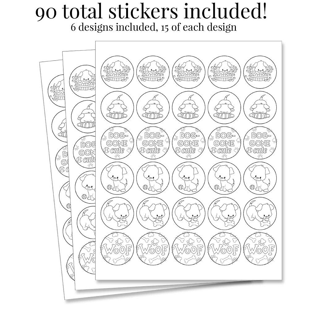 Color Your Own Dog-Gone Cute Puppy Themed Birthday Party Favor Sticker Labels for Kids, 90 1.5" Party Circle Stickers by AmandaCreation, Great for Arts & Crafts, Envelope Seals, Goodie Bags & Treats