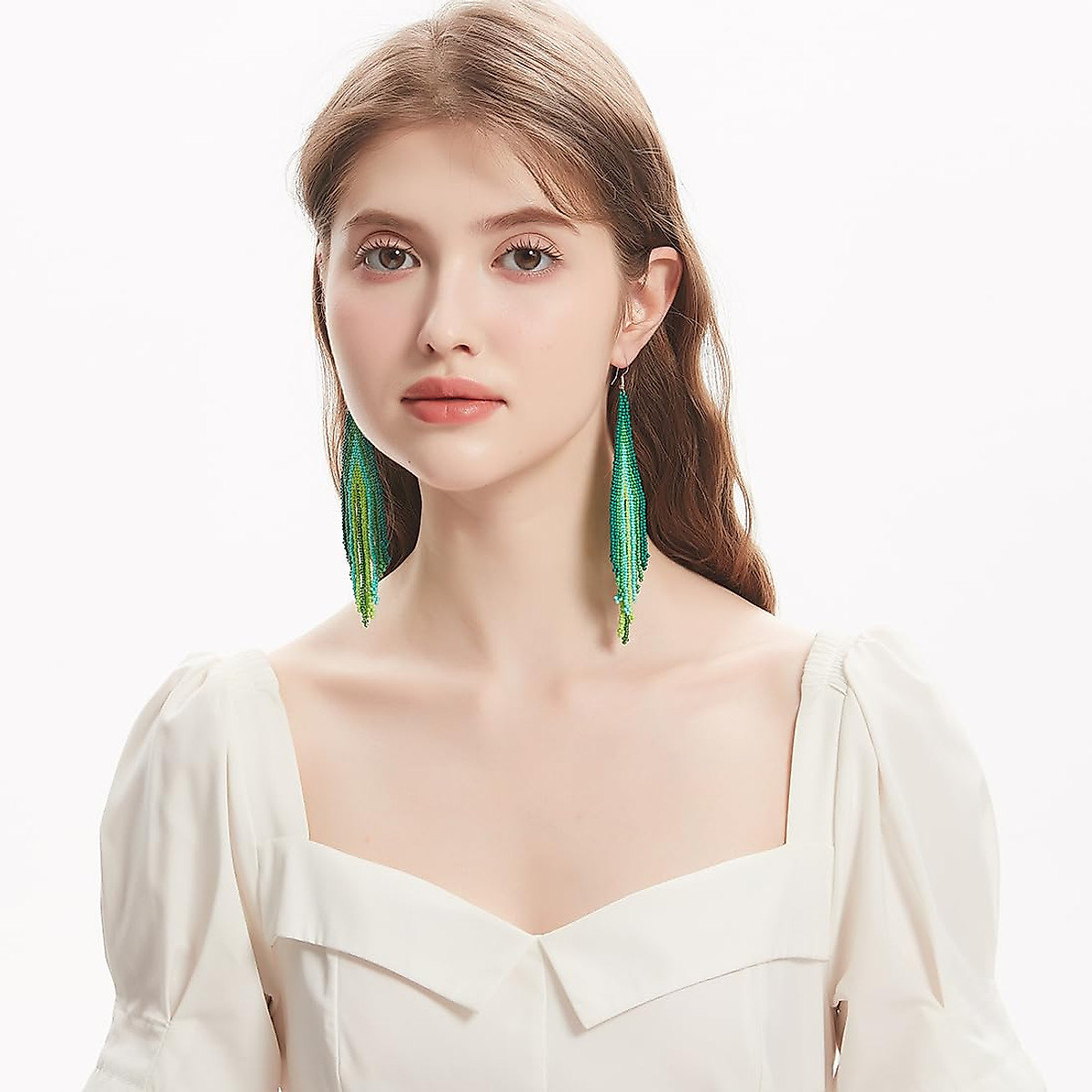 Luluping Long Beaded Dangle Earrings – Boho Native Handmade Seed Bead Tassel Earrings for Women, Bohemian Large Statement Beaded Drop Fringe Earrings (Green Beaded Earrings B)