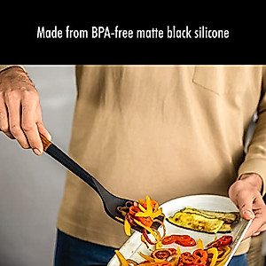 STAUB Silicone Spatula Turner, Perfectly Angled for Lifting Pancakes, Sandwiches and Picking up Veggies Durable BPA-Free Matte Black Silicone, Acacia Wood Handles, Safe for Nonstick Cooking Surfaces