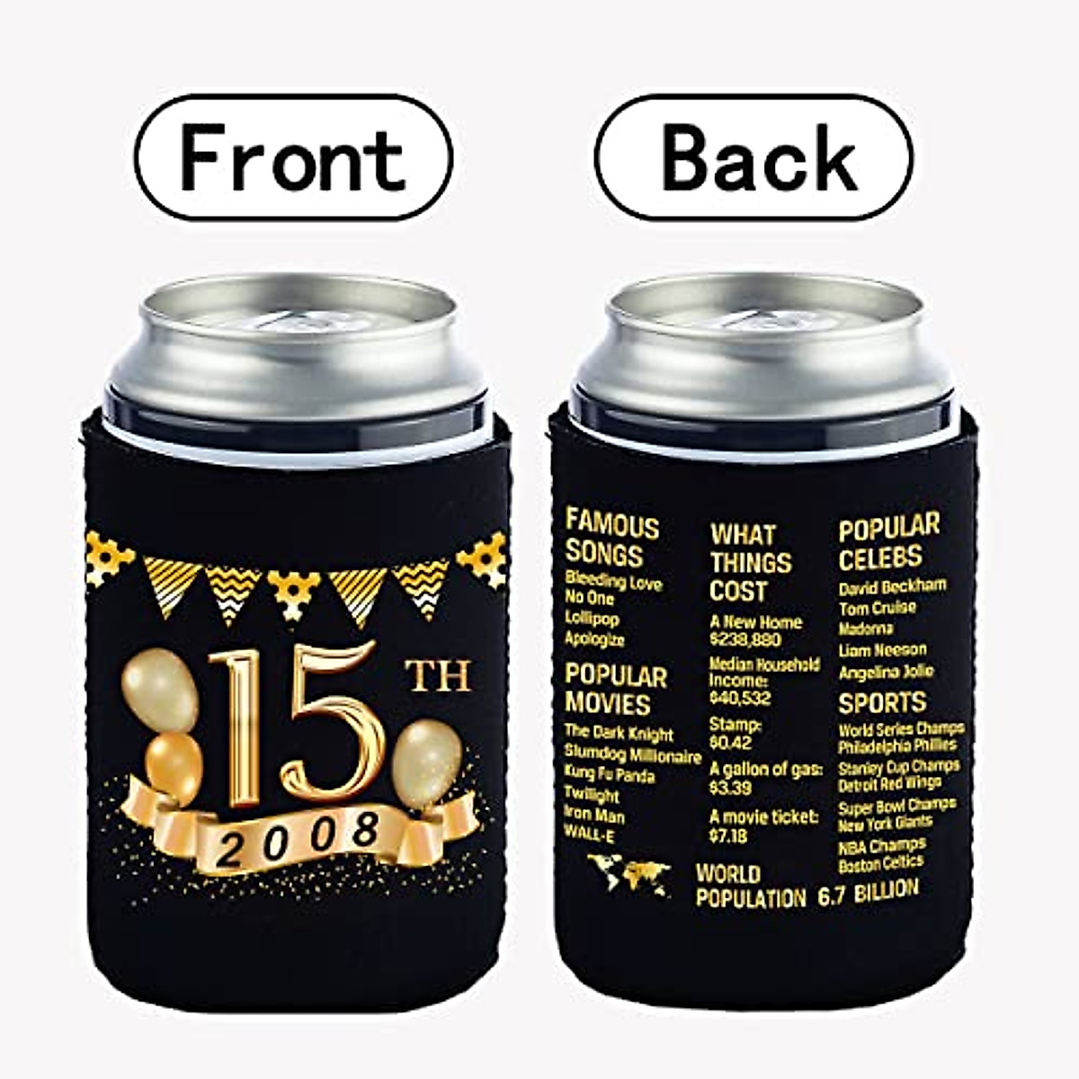 Yangmics 15th Birthday Can Cooler Sleeves Pack of 12-15th Anniversary Decorations- 2008 Sign - 15th Birthday Party Supplies - Black and Gold the fifteenth Birthday Cup Coolers