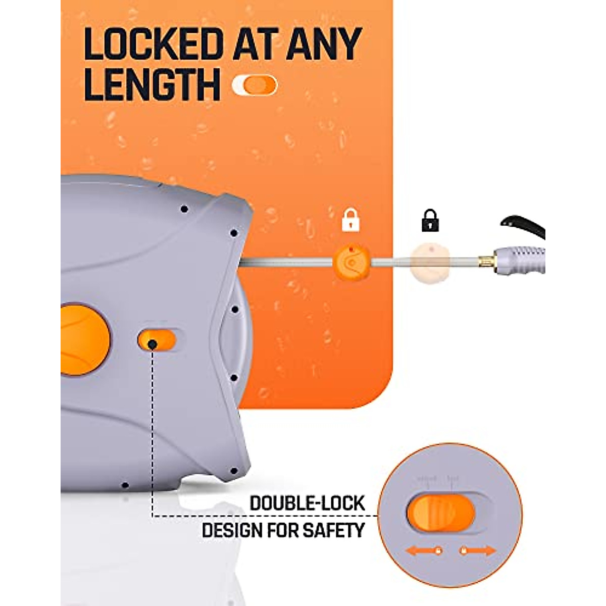 FIILPOW 1/2 Inch 100 FT Retractable Garden Hose Reel, Slow & Safe Return System, Water Hose Reel with Brass Connector, Double Lock Design, 8 Patterns Nozzle, 180° Swivel for Garden Watering