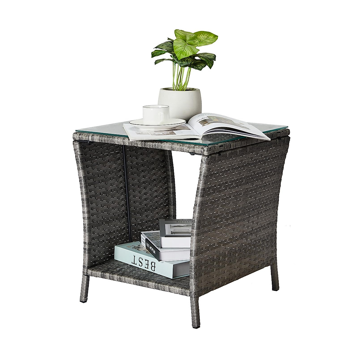 HEPMIMZHU Outdoor Patio Wicker Side Table, Square End Table Bistro Coffee Table with Glass Top Storage Shelf for Porch Garden Backyard Rattan End Table Furniture with Storage (Light Grey)