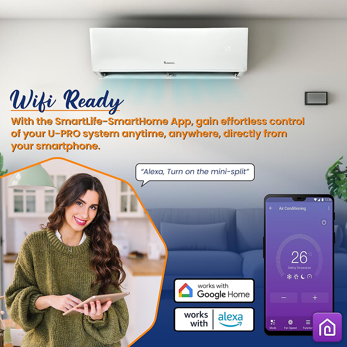 Klimaire 36,000 BTU 19 SEER2 Wall Mounted Ductless Mini Split Inverter A/C Heat Pump System w/ 16’ Installation Kit & Wall Mounting Bracket 230V