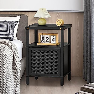 Lerliuo Rattan Nightstand, Side End Table with Handmade Natural Rattan Door and Open Shelf, Wood Accent Night Stand with Storage, Mid Century Modern Bedside Table for Bedroom, Living Room (Black)