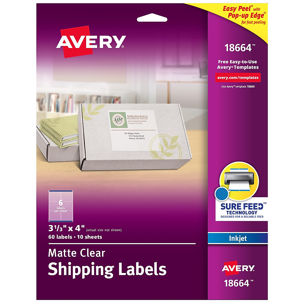 Avery Printable Shipping Labels with Sure Feed, 3-1/3" x 4", Matte Clear, 60 Blank Mailing Labels (18664)