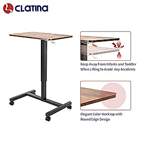 CLATINA Mobile Laptop Desk Pneumatic Sit to Stand Table Height Adjustable Rolling Cart with Lockable Wheels for Home Office Computer Workstation 28" x 19" Brown Round Edge Design Elegant - Fidel