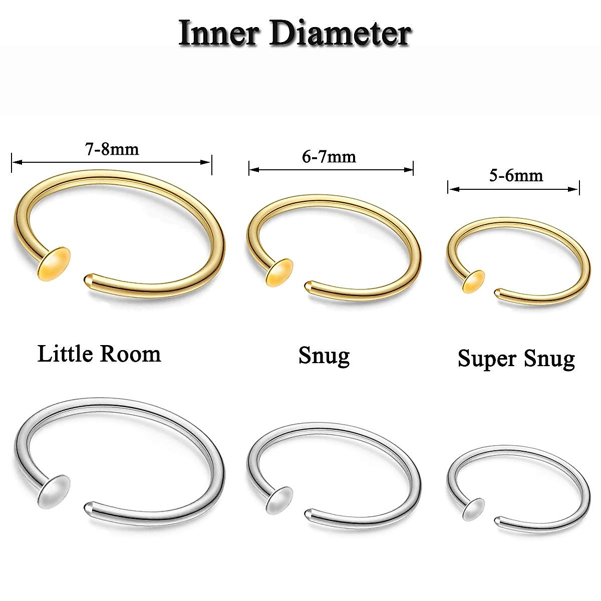 ZogCowy 6Pcs 22G Gold Nose Ring Hoop Surgical Steel Small Thin Cartilage Nose Ring Tiny Snug Fit Nose Piercing Jewelry 6mm 7mm 8mm Adjustable