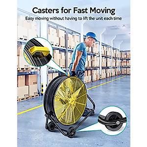 VAGKRI 24 Inch Industrial Drum Fan, 320W High Velocity Floor Fan, 3 Speed Heavy Duty Metal Air Circulator, 360° Tilt with Casters Handle ETL Standard for Patios, Warehouse, Commercial, Basement