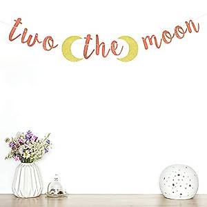 Rose Gold Glitter Two the Moon Banner - Cheers to 2 Years Bunting Sign- Sweet Baby Girl/Sweet Baby Boy/Baby Shower/Happy 2nd Birthday Party Decorations Supplies for Child (Pre-Strung)