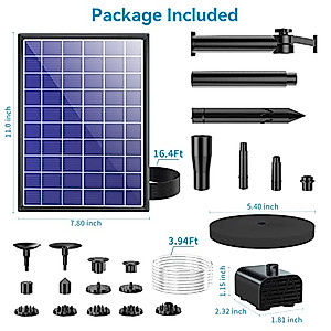 POPOSOAP Solar Fountain Pump Built-in 3000mAh Battery, 7W Solar Bird Bath Fountain Pump with 16.64Ft Cable, 10 Nozzles & PVC Tubing, Solar Pond Pump for Bird Bath Garden Fish Tank Pond Water Feature