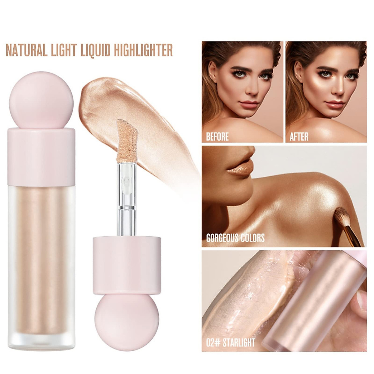 Hocossy Liquid Highlighter Natural Glow For Face & Body, Waterproof Moisturizing Light Liquid Luminizer For Long Lasting Shimmer, Contour Highlighter Stick Easy to Apply with Cushion Applicator