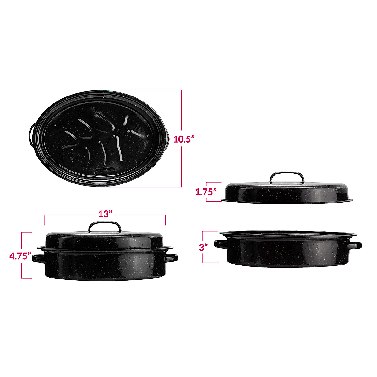 Eternal Living Granite Roasting Pans, Black (15" Oval Roaster Pan With Lid)
