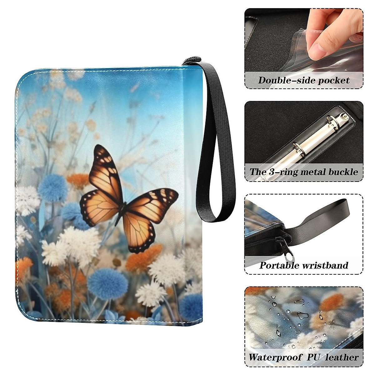 PYBUG Butterfly Trading Card Binder with Nylon Strap 4-Pocket Waterproof PU Leather Card Collection Binder for 400 Cards Sturdy Card Holder Folders for Game Cards,Sports Cards