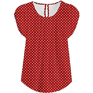Women's Casual Round Neck Basic Pleated Business Tops Cap Sleeve Curved Keyhole Back Chiffon Blouse Red Polka Dots Small