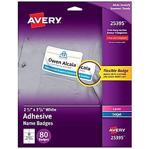 Avery Flexible Printable Name Tags, 2-1/3" x 3-3/8", Matte White, 80 Removable Name Badges (25395)