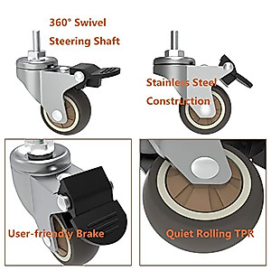OK5STAR 1.5" Mini Caster Wheels with Brakes, 1/4"-20x1" Threaded Stem Low Profile TPR Castors Quiet Rolling for Small Cart Trolley Dolly Workbench Furniture Set of 4（fit 6mm to 6.35mm）