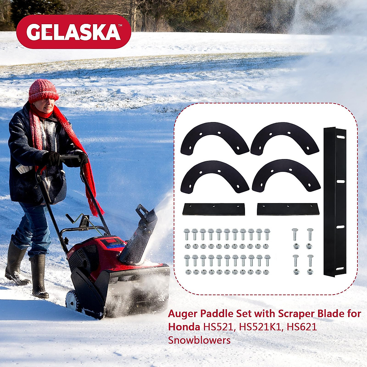 GELASKA HS521 Auger Rubber Replaces 72523-747-010, 72523-747-000, 72522-747-010, 72522-747-000, 72521-747-000 with 76322-747-000, 76322-747-A10 Scraper Blade for Honda HS521, HS521K1, HS621 Snowblower