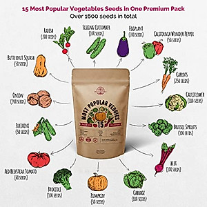 15 Heirloom Vegetable Seeds for Planting Home Garden | 1600+ Non GMO Seeds for Planting Vegetables and Fruits Outdoors & Indoors in Bulk Variety Pack | Gardening Veggie Seeds: Onion, Tomato, Pepper