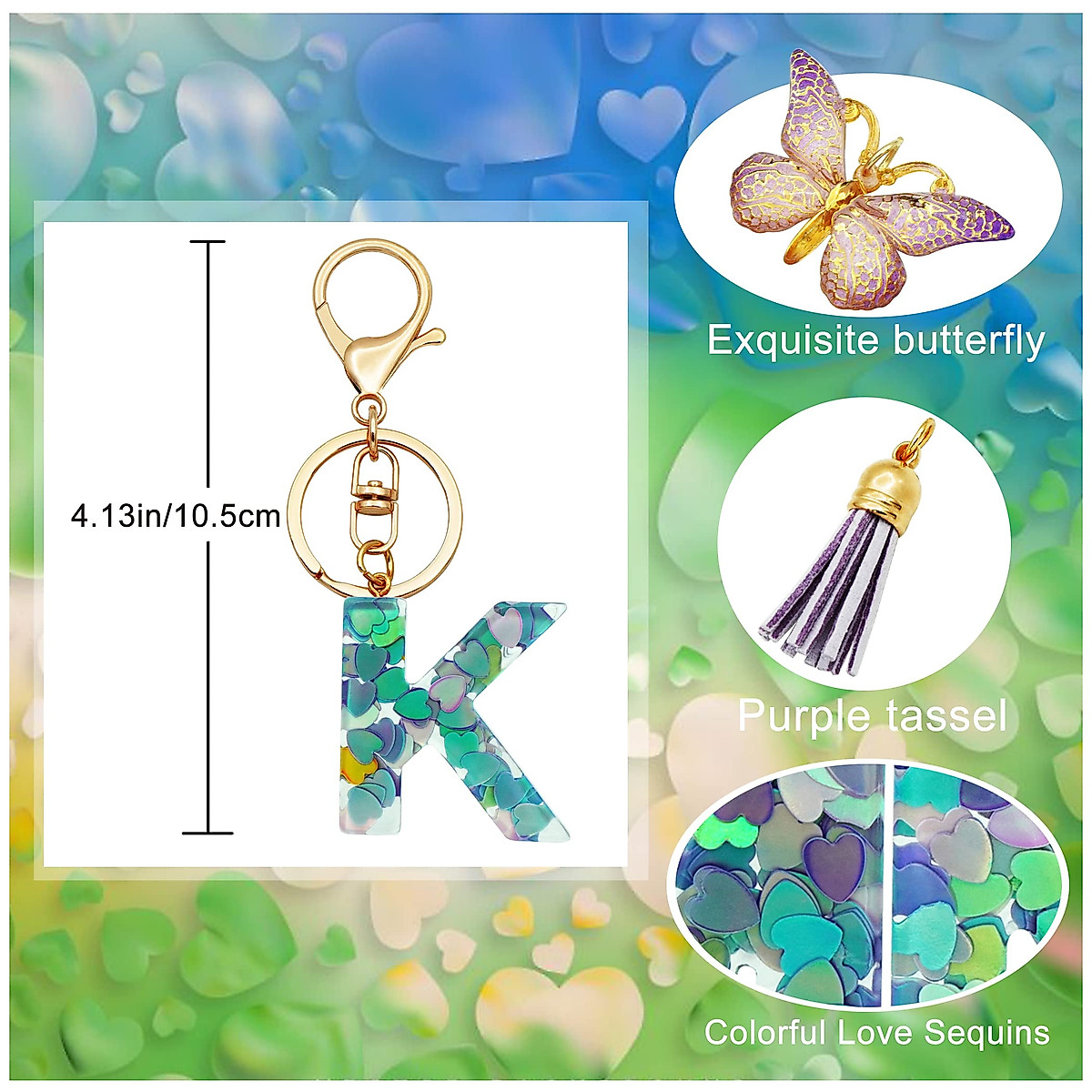 TTYY Initial Letter Keychains for Girls Women Pink Purple Green Cute Butterfly Heart Keychain for Backpack School Bag (purple heart Letter K)