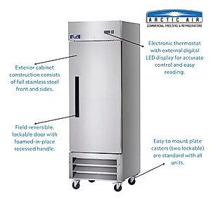 Arctic Air AF23 26 3/4" One Section Single Solid Door Reach-In Freezer, 23 Cubic Feet, Stainless Steel, NSF